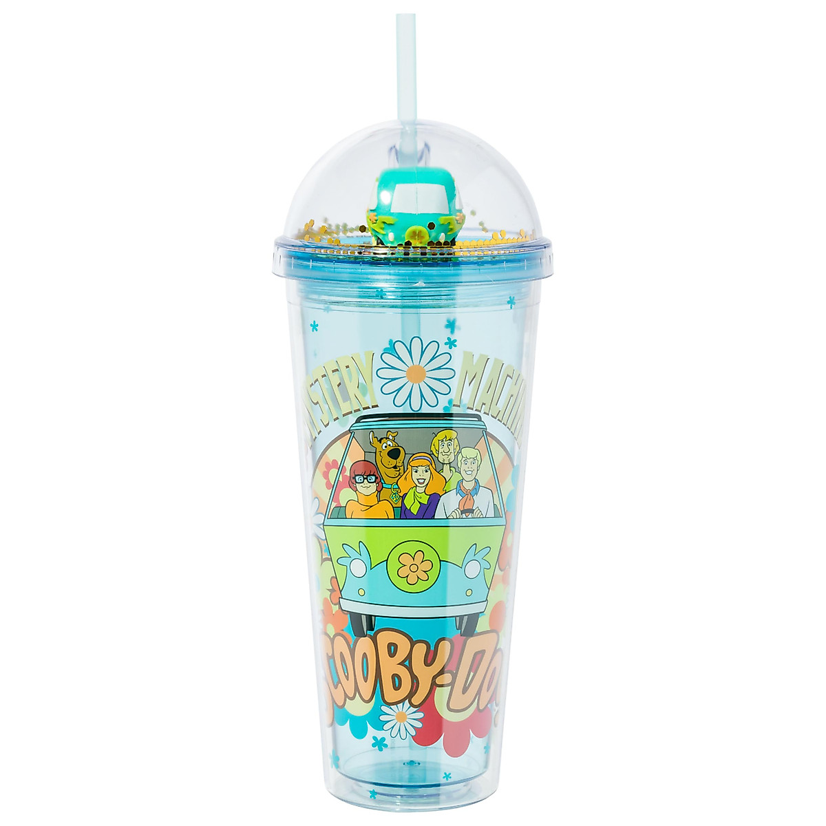 Silver Buffalo Scooby Doo Mystery Machine Featuring Shaggy, Velma, Daphne, and Fred Dome Glitter Top Travel Tumbler, 24 Ounces