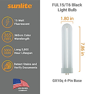 Sunlite 05155-SU T6 Fluorescent U-Shaped Light Bulb, 15 Watts, UV Light, 365nm Color Wavelength, GX10q 4-Pin Base, Plug-in, 5,000 Hour Life Span, Clubs, Restaurants, Party Lights, Blacklight, 1 Count
