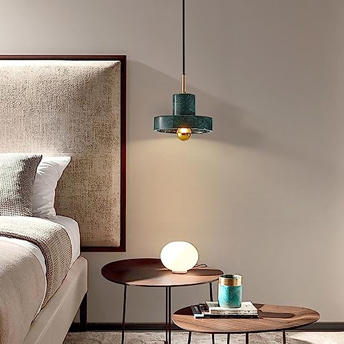 Mjsdjof Round Marble Pendant Lamp, Brass Hanging Light Fixtures with Natural Stone Material Shade, Modern Dining Room Lighting Chandeliers, E27 Socket, Nordic Minimalist Ceiling Island Light