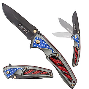 Carimee Pocket Knife 3“, Aluminum Handle, Small Folding Knife with Clip, Gentlemen Knife, Grey Anodized, Black Ti-Coated D2 Blade