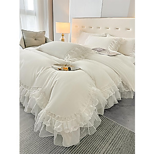 MOOWOO Chic Ruffle Lace Polyester Duvet Cover Set -Girl Red Bedding-3 Piece Queen Duvet Cover with Zipper Closure -Ultra Soft and Light Weight(White,Queen)