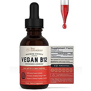 Vegan Vitamin B12 Sublingual Liquid Drops by Live Conscious- Methylcobalamin Max Strength B12 5000mcg Formula - Vegan B 12 Vitamin Support Energy & Mood, Promote Memory, Aid Immune System - 60 Serving