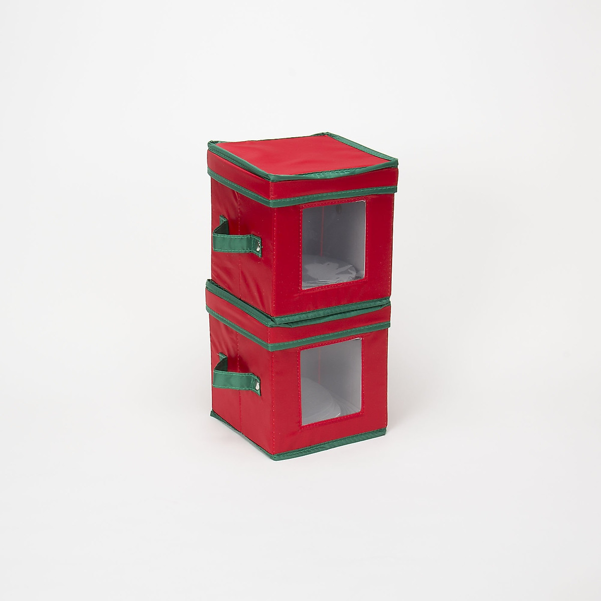 Household Essentials 530RED Holiday China Storage Chest with Lid and Handles | Storage Bin for Small Saucer Plates | Red Canvas with Green Trim