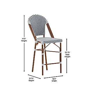 Flash Furniture Lourdes Commercial Grade Bistro Counter Height Stool, Stackable Indoor/Outdoor Dining Stool, 26" High, White/Navy and Bamboo Finish, Set of 2