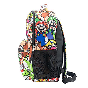 Nintendo Super Mario Backpack for Boys & Girls, School Bag with Front Pocket, Allover Character Print Gaming Bookbag with Padded Back and Adjustable Mesh Straps
