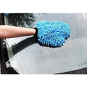 TeKX Premium Large Microfiber Chenille Car Wash Mitt and Car Wash Sponge Set (2 Pack), Washer Friendly, Soft and Scratch Free, Thumb Space Double Sided Mitt, Double Sided Sponge with Grip Band