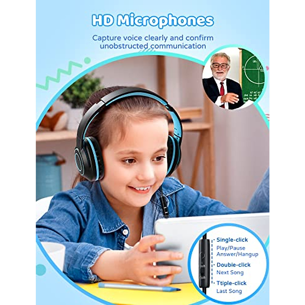 FIUPIA Kids Headphones with Microphone for School, Volume Limit 85/94dB, Stereo Sound, Over-Ear Kids Headphones for Girls Boys, Foldable Kids Headphones Wired for School/Travel/iPad/Fire Tablet