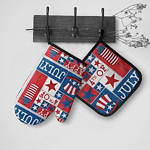 Patriotic 4th of July Oven Mitt Set Pot Holder Heat Resistant Hot Kitchen Insulated Glove for Microwave Cooking BBQ Baking Grilling Washable