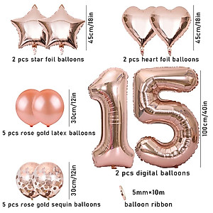 Ceqiny 40" 15th Number Balloon Mylar Balloon 18” Star Heart Foil Balloon 12” Sequins Latex Balloon for Birthday Party Wedding Bridal Shower Photo Shoot Anniversary Decor, Rose Gold 15 Balloon Kit