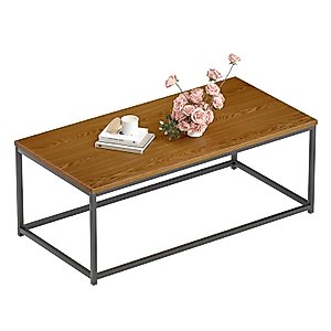 Our Modern Space Modern Industrial Style Rectangular Coffee Table for Living Room, Bedroom - Rustic Accent Minimalistic Furniture with Wood Grain Top & Metal Frame - Center TV Table - Rustic Brown