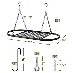 X Home 32-Inch Hanging Pot Racks for Kitchen Ceiling with 10 Removable Hooks, for Kitchen Storage & Organization, Ceiling Mounted, Black