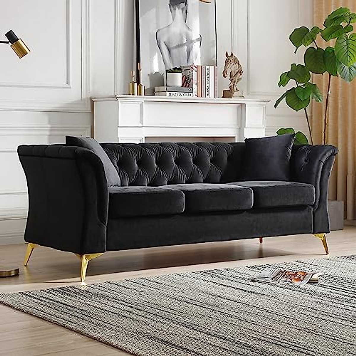 kevinplus 84'' Chesterfield Sofa Couch for Living Room, Modern Velvet 3-Seat Upholstered Sofa Couch for Apartment Bedroom Dorm Office, Strong Gold Metal Legs, 2 Pillows, Black