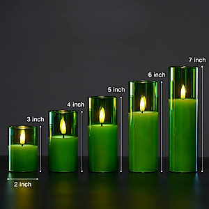 Girimax Green Glass Flameless Candles with Remote, Flickering LED Votive Pillar Candles Battery Operated Slim Tall Candles Φ 2" H 3" 4" 5" 6" 7"
