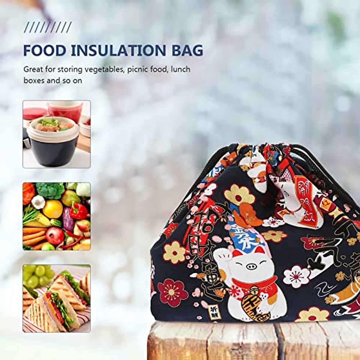 Healeved 2Pcs Japanese Style Lunch Bag Drawstring Lunch Bag Reusable Bento Box Bag Lunch Box Bag