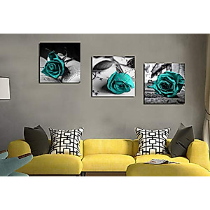 Canvas Wall Art Teal Rose Flowers Pictures Wall Decor -36" x 12" Gray Canvas Prints Painting Framed for Bathroom Bedroom Home Decor