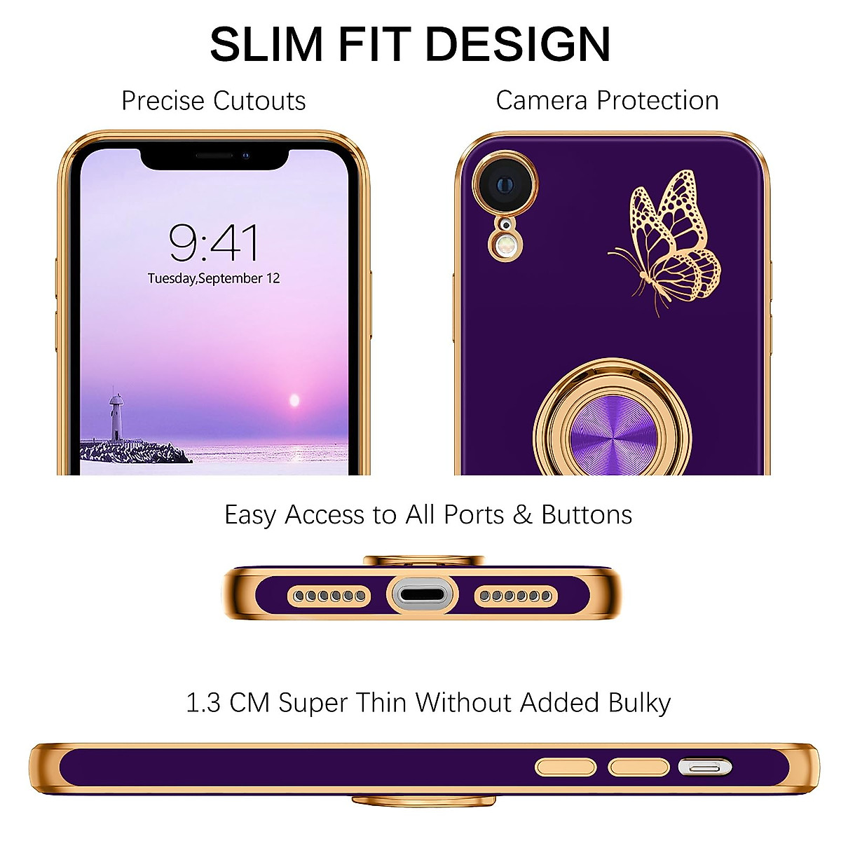 BENTOBEN iPhone XR Case, Phone Case iPhone XR 6.1, Slim Fit Gold Butterfly Design Kickstand Ring Holder Shockproof Protection Soft TPU Bumper Drop Protective Girl Women Boy iPhoneXR Cover, Deep Purple