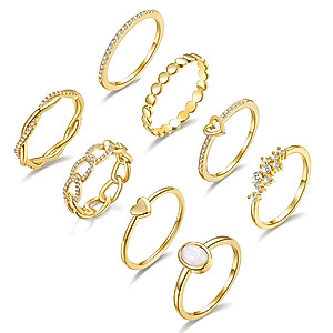 PLOMFOV 14K Gold/Silver Plate Stacking Rings Set for Women CZ Heart Simple Cute Stackable Rings Dainty Trendy Gold Statement Rings Plain Band Size 4-11 Gold 7