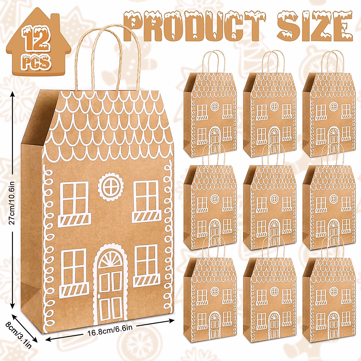 JarThenaAMCS 12Pcs House Shaped Gift Bags Winter Snow House Kraft Paper Bags with Tissue Paper Rustic Christmas Candy Treat Bags for Xmas Holiday Housewarming Estate Agent Gifts