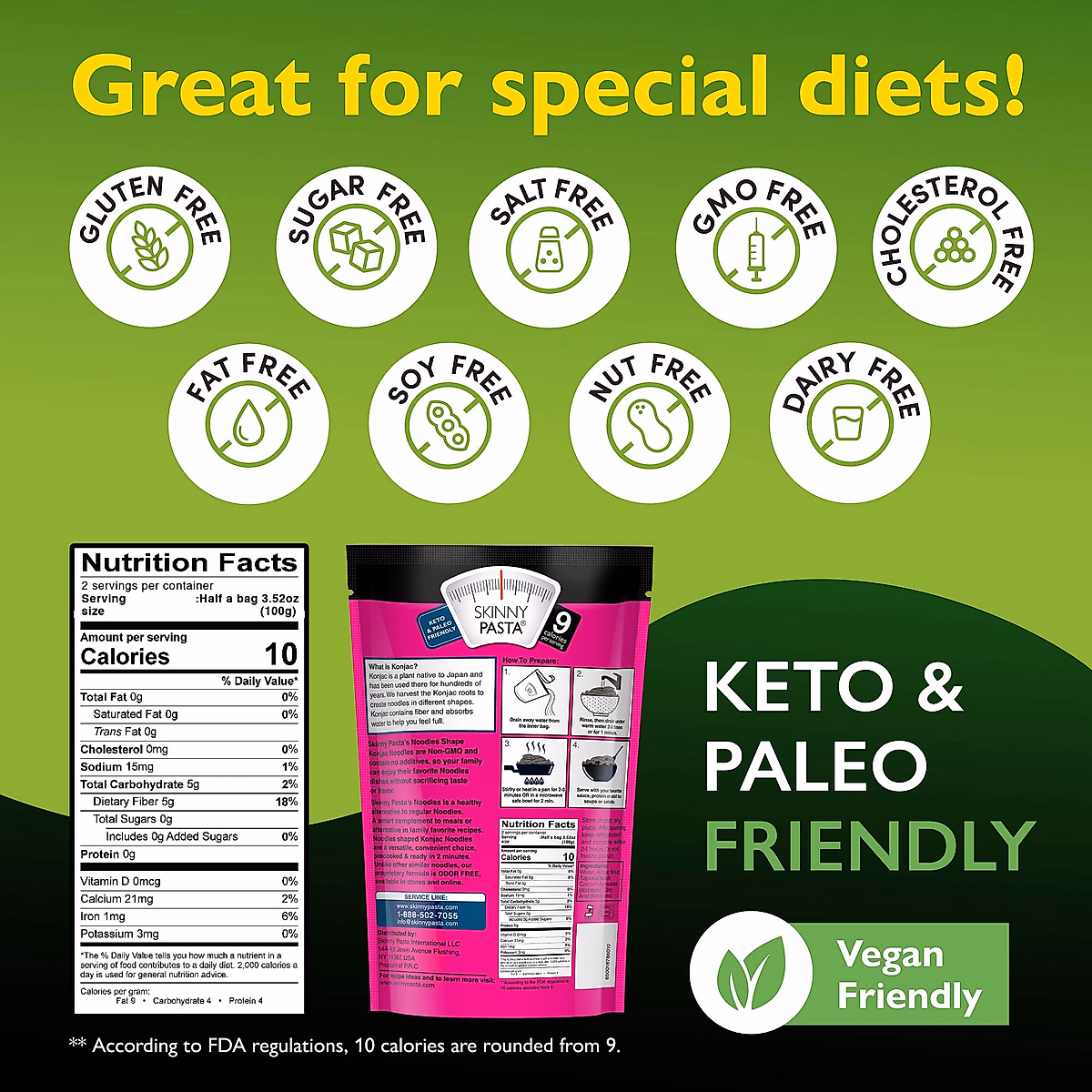 Skinny Pasta 9.52 oz - Shirataki Noodles The Only Odor Free 100% Konjac Noodle - Keto & Paleo Friendly - Carb Free - Low Calorie Food (Noodles shape- 6 Pack)