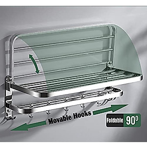 NAAKABE Bathroom Foldable Towel Rack,SUS 304 Stainless Steel Wall Mounted Towel Shelf wih No Drill, 6 Removable Hooks and Adjustable Towel Bar, Double Towel Bar Holder