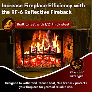 Grate Wall of Fire Model RF-6 Reflective Fireback – 26" Wide x 15.5" Tall, 1/2" Thick Steel, Increases Fireplace Heat, Protects Masonry, One-Piece Design, Made in The USA, Works with Any Grate