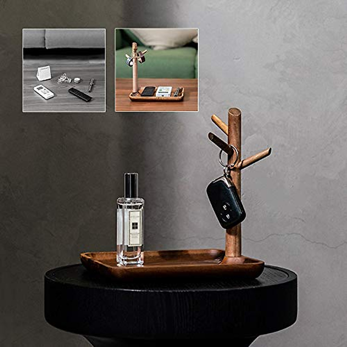 Kelendle Solid Wood Key Hook Key Hanging Shelf Creative Branch-Like Key Rack with Storage Tray for Entrance Desktop Office Rectangle