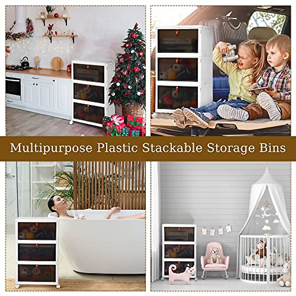 2 Pack Plastic Storage Bins Stackable Storage Bins with Wheels White 3 Tier Storage Containers Organizer Collapsible Storage Bins Cart Storage Box Totes for Toys Snacks Books