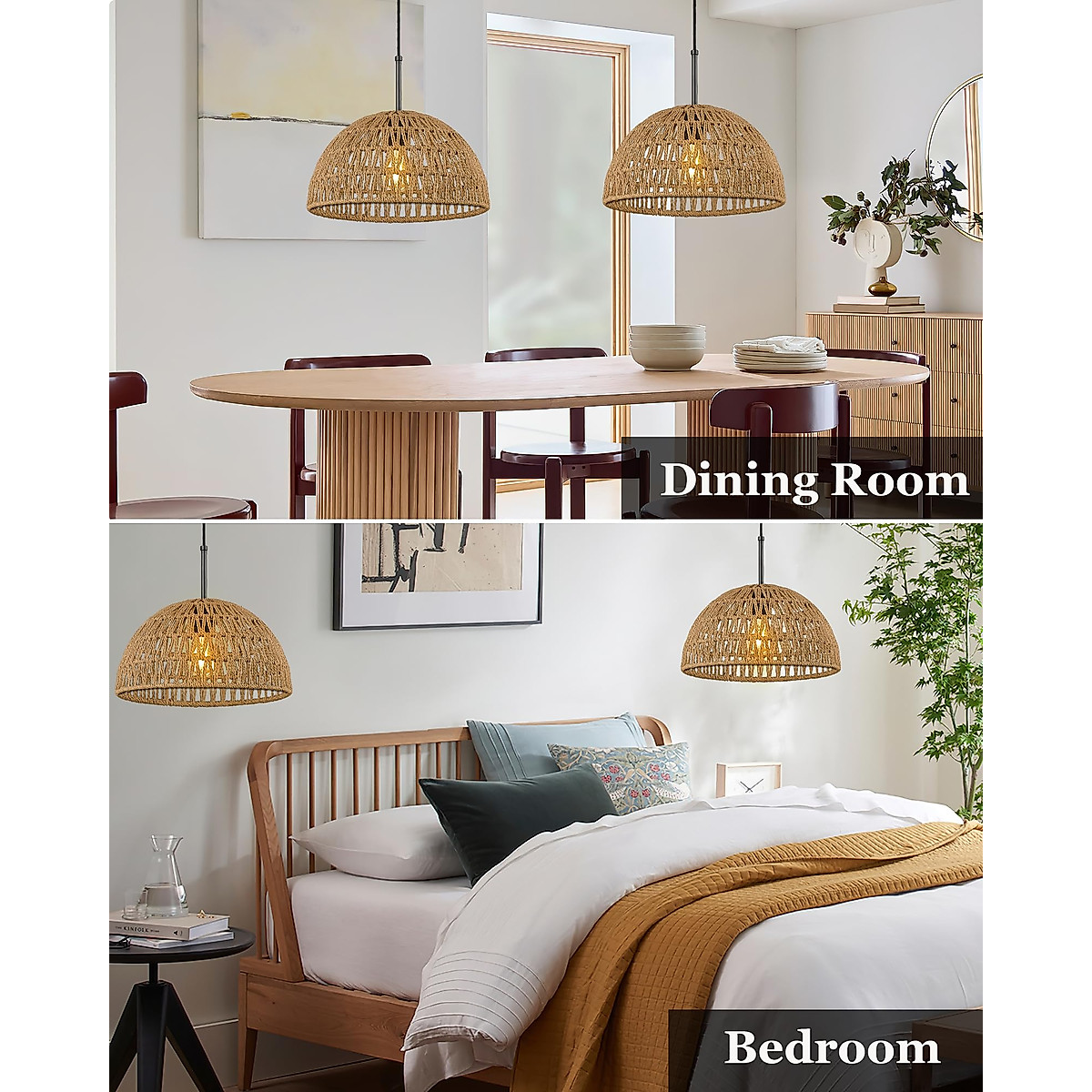 ELYONA Modern Boho Pendant Lights, Hand Woven Hanging Lamp with Dome Basket Shade & Rubber Wood Floor Lamp with Table for Farmhouse Kitchen Island Dining Room Living Room Hallway