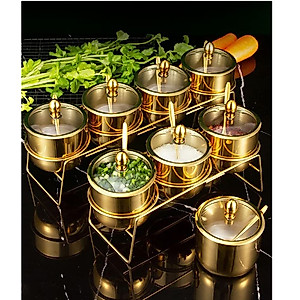 2 Pcs Stainless Steel Seasoning Box,Spice pot seasoning bottle Salt Pepper sugar storage bottle With Spoon and Clear Lid for home and kitchen (gold)