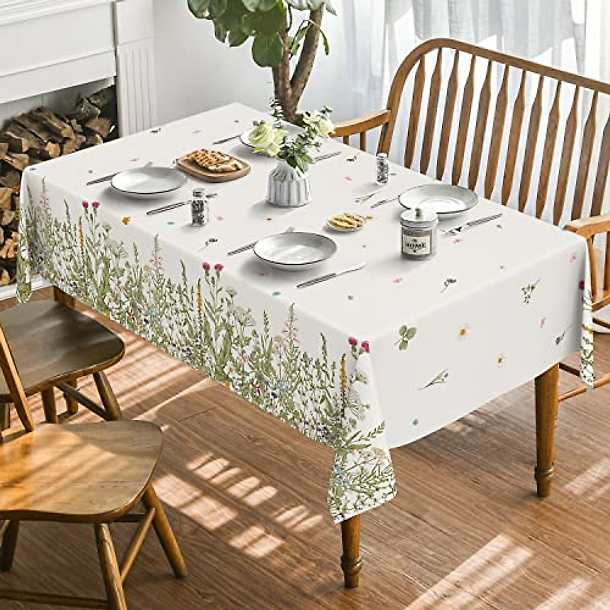 Horaldaily Spring Summer Tablecloth 60x84 Inch, Wild Flowers Floral Table Cover for Party Picnic Dinner Decor