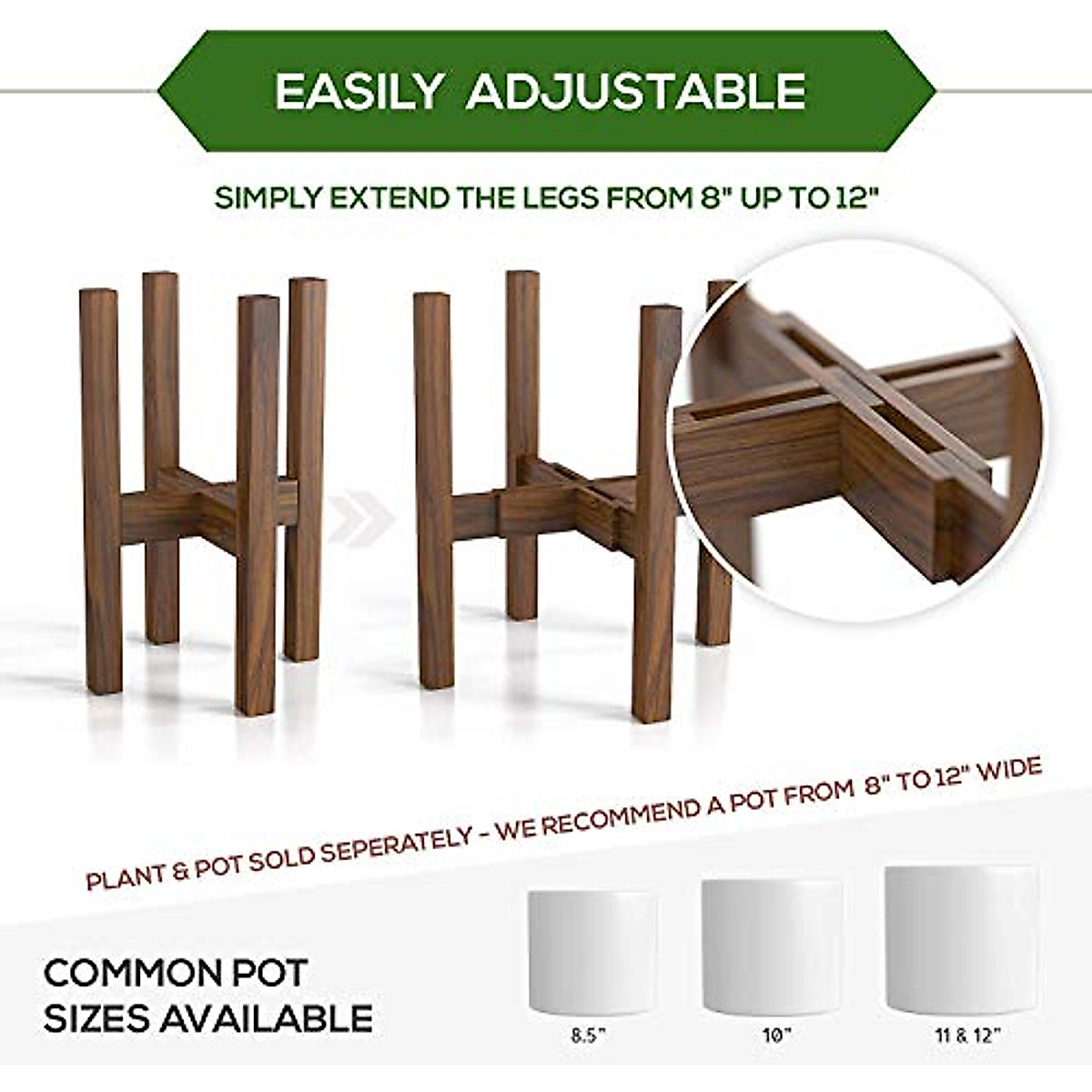Sophia Mills Mid Century Plant Stand - Solid Wood Item Stand Handmade with Acacia - Fits Medium & Large Pots Sizes 8 to 12 inches (Not Included) (Adjustable Width: 8-12 inches, Dark Brown)
