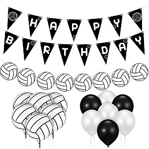 16 Pieces Volleyball Party Decorations, Volleyball Themed Happy Birthday Banner Flags, Black and White Volleyball Paper Garland Volleyball Balloons for Sports Theme Birthday Party Supplies