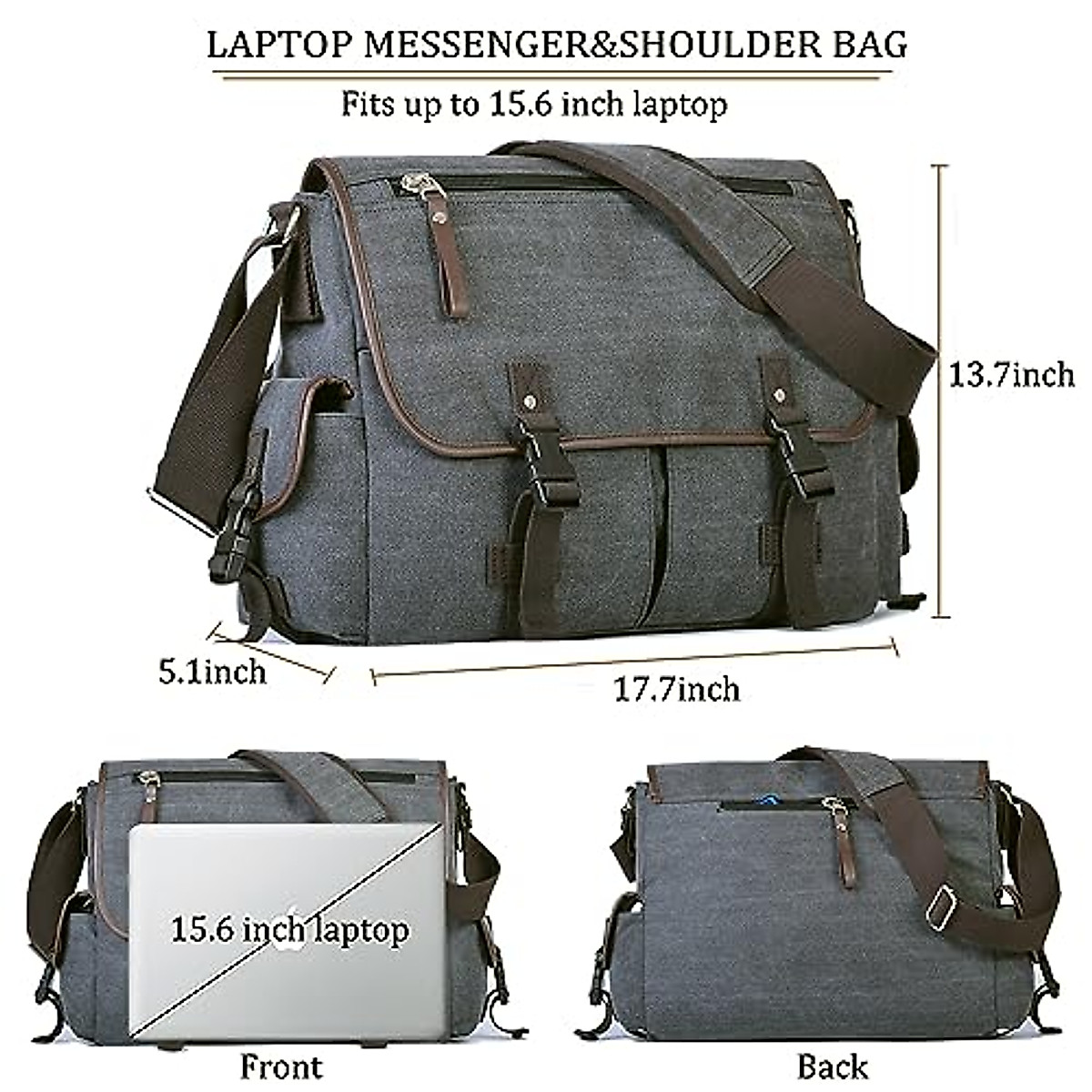 Vintage Canvas 15.6 inch Laptop Messenger Bag for Men Women, College Computer Satchel Shoulder Bag Travel Office Briefcases (Black - 2)