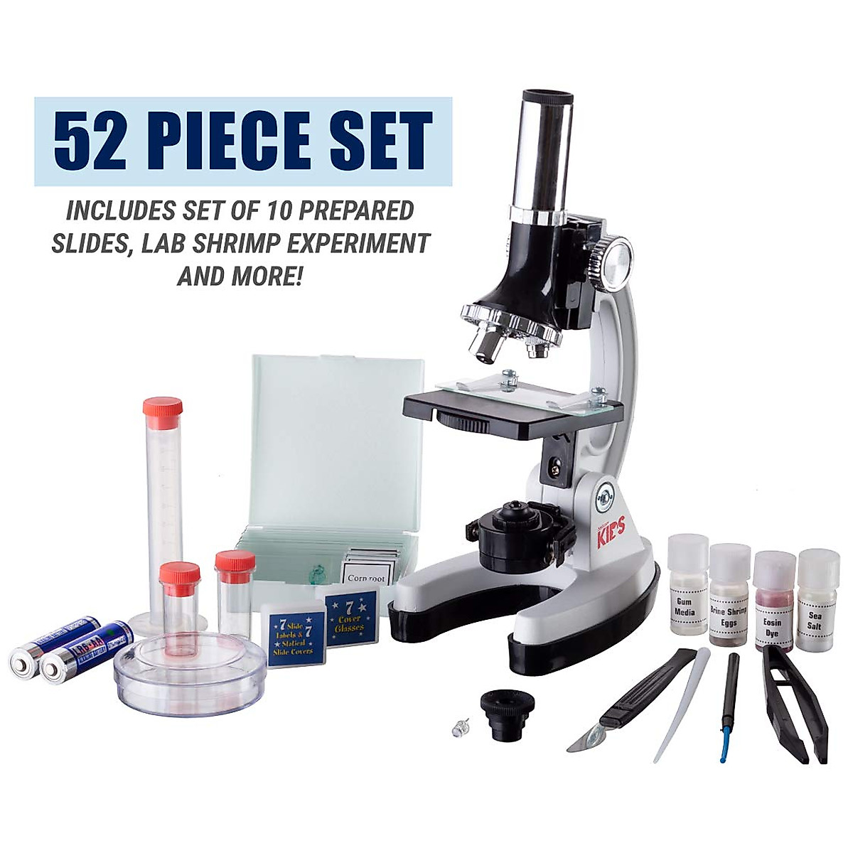 AmScope - M30-ABS-KT2-W-WM 1200X 52-pcs Kids Student Beginner Microscope Kit with Slides, LED Light, Storage Box and Book"The World of The Microscope" White