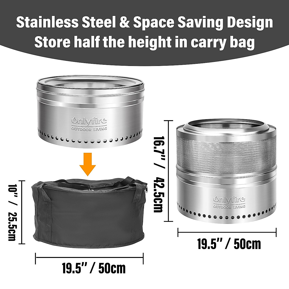 Onlyfire Wood Burning Fire Pit with Carrying Bag, 20” Detachable Portable Outdoor Firepit for Camping Tailgating Patio Backyard Bonfire Party, Perforated Smokeless Fireplace, Stainless Steel FP037