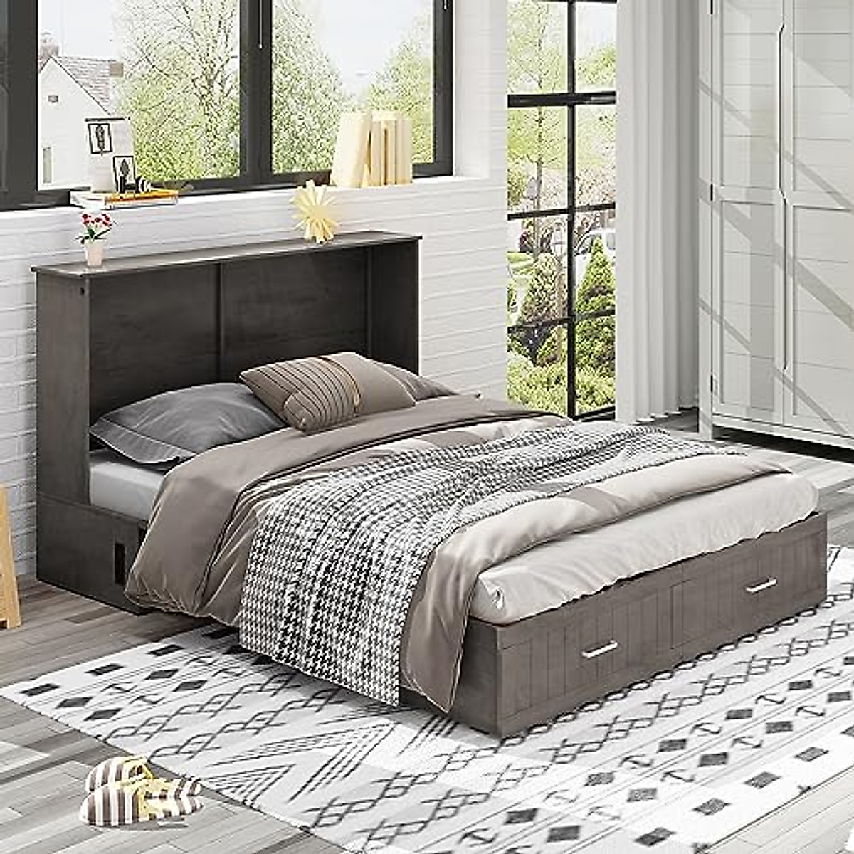 Horgaeo Queen Murphy Bed Cabinet with Mattress, Murphy Cube Cabinet Bed with USB Charging Station and Large Storage Drawer, Murphy Chest Bed for Small Guest Room, Home, Office, Gray