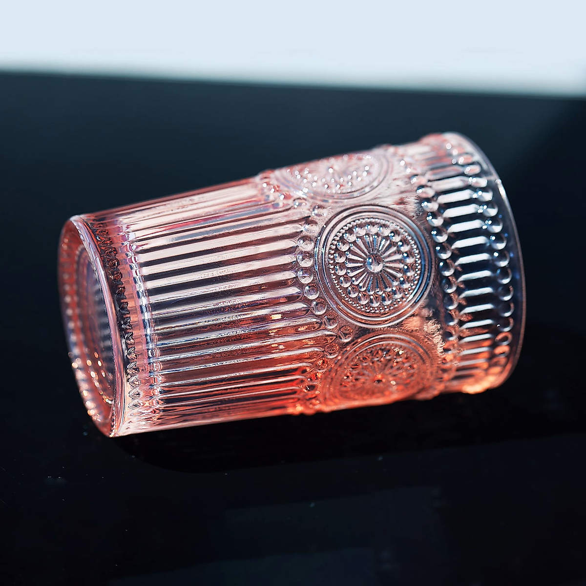 Joeyan Pink Drinking Glass Cups,Flower Embossed Romantic Water Tumblers,Vintage Highball Glassware for Juice Beverage Wine Cocktail,Great for Wedding Party Home Daily Use,11.5 oz,Set of 4