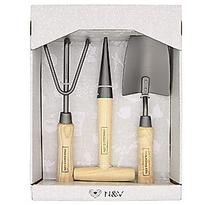 N&V Gardening Tools Set, 3 Pcs Garden Tools Set, Nickel Plated Stainless Steel Heavy Duty Gardening Tools Kit, Hand Trowel, Dibble and Hand Rake