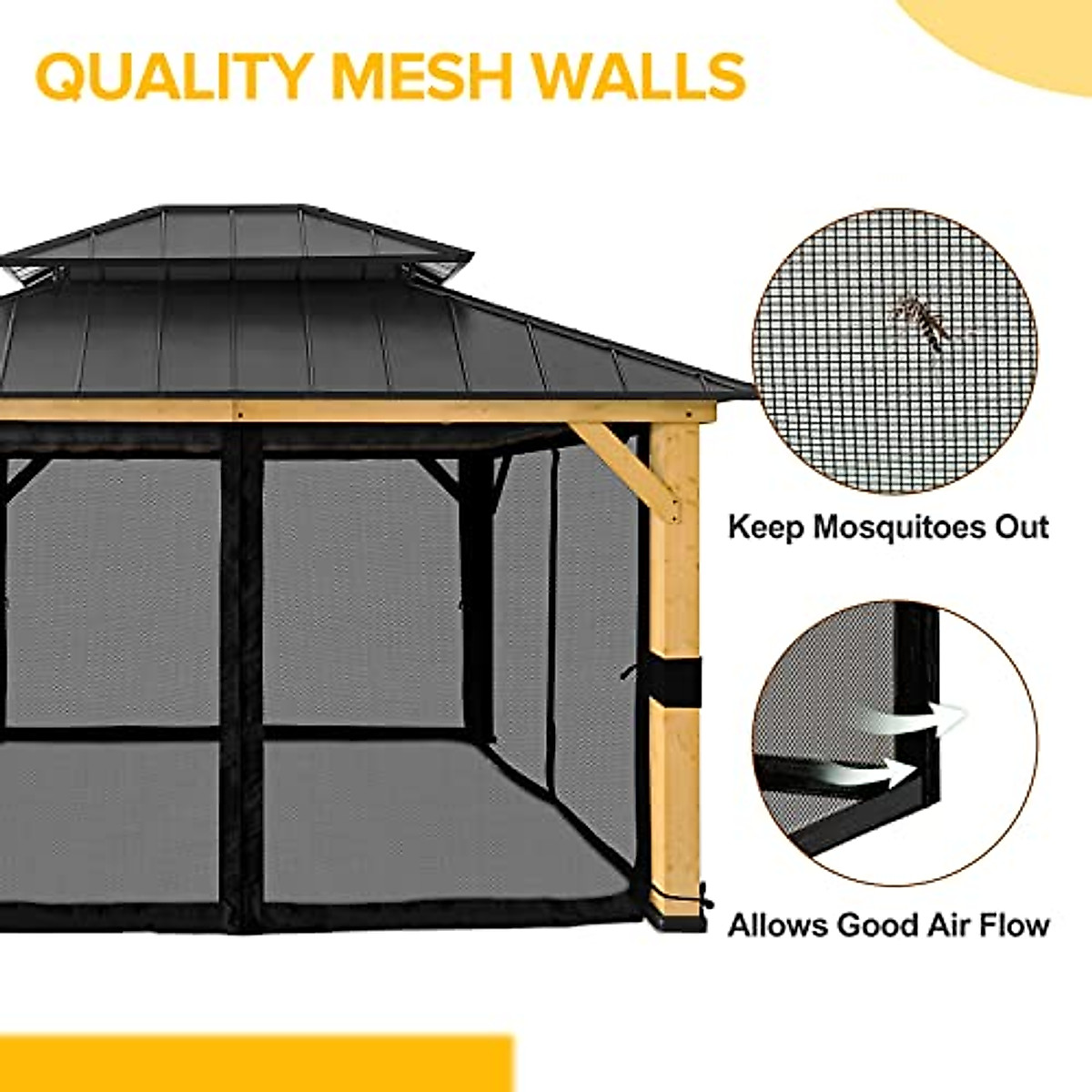 EAGLE PEAK 11x13 Hardtop Gazebo, Galvanized Steel Double Roof Gazebo with Cedar Wood Frame, Outdoor Pavilion with Netting for Patio, Deck, Lawn and Garden, Natural Wood/Black