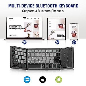 EDJO Foldable Bluetooth Keyboard, Rechargeable Portable Wireless Keyboard with Touchpad & Number Pad for Android, Windows, iOS, PC/Laptop/Smartphone/Tablet (Grey)