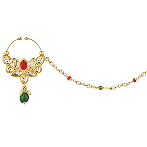 Efulgenz Multipack of Indian Lotus Nose Rings Hoop with Chain Faux Pearl Nath Nathni Nose Pin Stud Fake Septum Ring Indian Jewelry for Wedding Kundan Crystal Non Piercing Body Jewelry for Brides Women