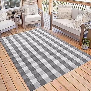 KOZYFLY Buffalo Plaid Area Rug 5 x 7 Ft Gray and White Checkered Rug Washable Outdoor Patio Rugs Cotton Rugs for Living Room Carpet for Living Room Outdoor Dining Room Bedroom Farmhouse Rug