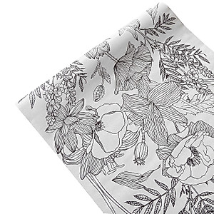 Elegant Lily Lotus Floral Adhesive Shelf Liner Peel & Stick Dresser Drawer Sticker Cabinet Sticker Furniture Contact Paper, 17.7 Inch by 9.8 Feet(Black&White)