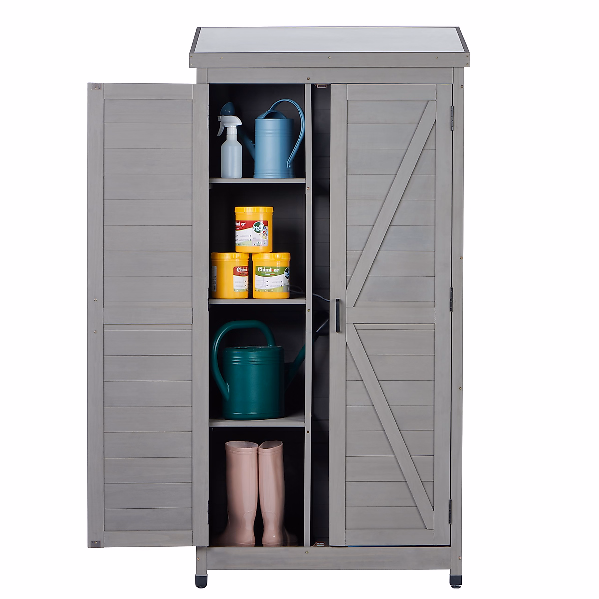 Outdoor Wooden Storage Shed with Metal Top, Tall Vertical Tool Cabinet for Backyard Garden Patio Lawn