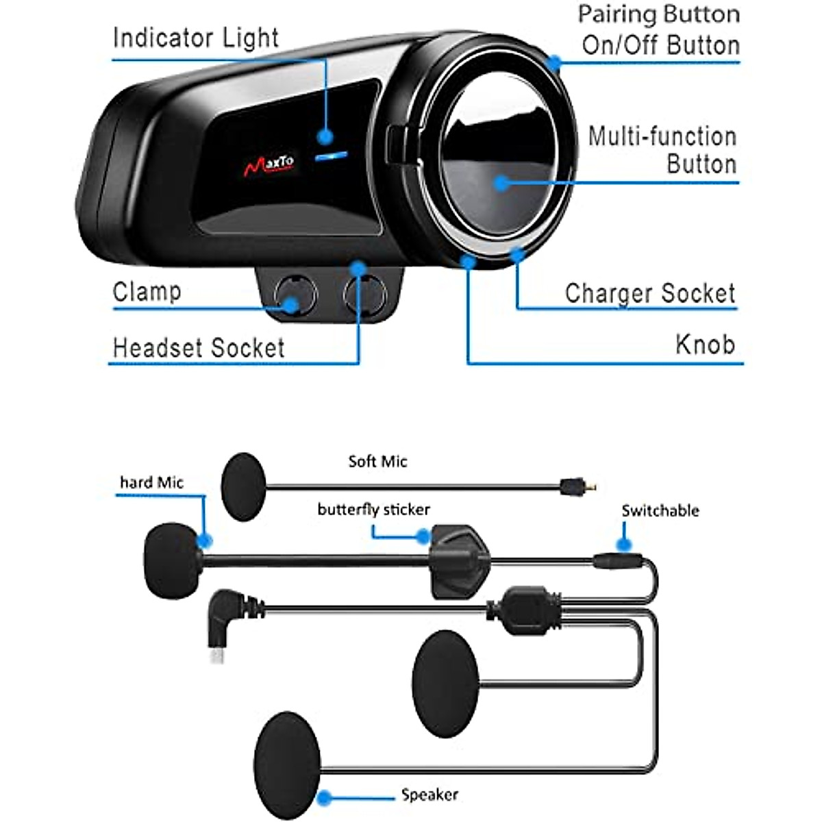 QSPORTPEAK Motorcycle Helmet Bluetooth Intercom Headset Communication Systems Kit, M2 Full Duplex 6 Riders Group Helmet Intercom/FM Radio/Voice Prompt/MP3/GPS Connective/Range 1000m/IP67 Waterproof