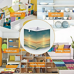 susiyo Beautiful Teal and Orange Sunset Storage Bin 11x11x11inch Decorative Collapsible Fabric Storage Cubes Organizer