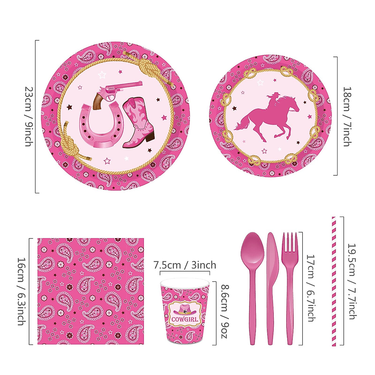 93 Pieces Western Cowgirl Birthday Party Decorations Pack- Serves 8 - Wild West Cowgirl Theme Birthday Party Supplies Includes Cowgirl Birthday Party Paper Plates Napkins Cups and Plastic Cutlery Set