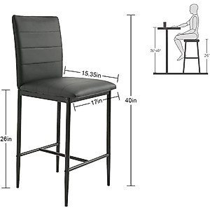 Modern Leather Bar Stools Set of 4 - Counter Height Industrial Bar Stools for Kitchen Island - High Dining Room Chairs with Soft Back Patio Furniture Chairs for Home Garden Pub Bar Backyard (Black)