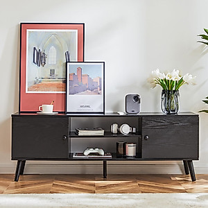 DUMOS TV Stand for 55 60 inch TV, Entertainment Center with Storage Cabinet, Mid Century Modern Media Console Table, Adjustable Hinge, Wooden Television Furniture for Living Room, Office - Black