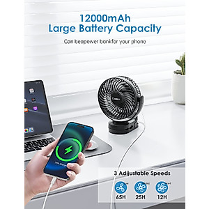 Camping Fan with Remote Control - 65Hrs 12000mAh Rechargeable Fan, 3 Speeds & Timing Battery Powered Fan with Light & Hook, Camp Fan for Tent, Battery Operated Fan for Camping, Black